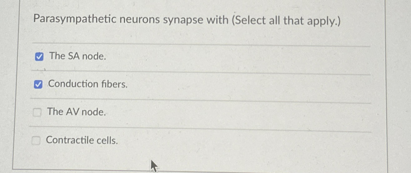 Solved Parasympathetic neurons synapse with (Select all that | Chegg.com