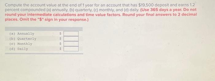 Solved Compute the account value at the end of 1 year for an | Chegg.com