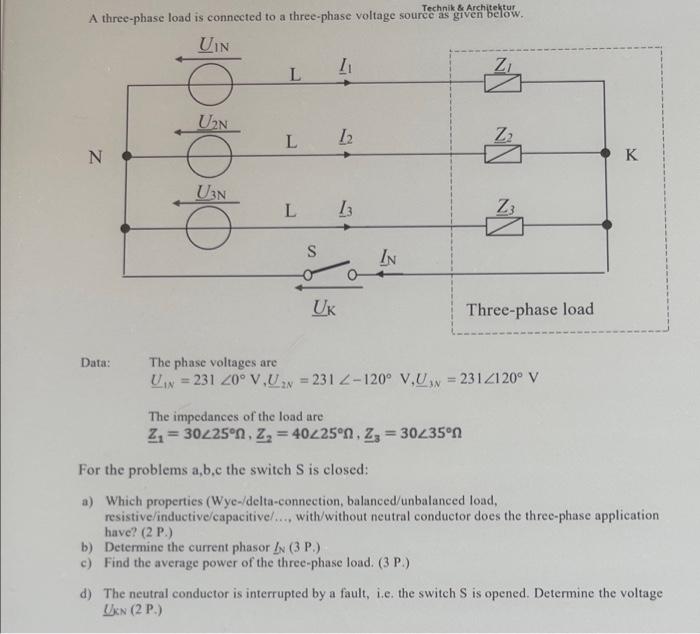 Solved A three-phase load is connected to a three-phase | Chegg.com