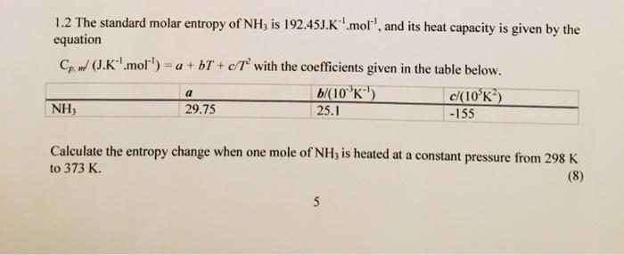 Solved 1.2 The standard molar entropy of NH3 is | Chegg.com
