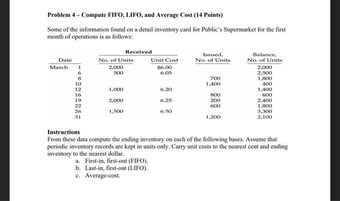 Solved Problem 4-Compute FIFO, LIFO, and Average Cost (14 | Chegg.com