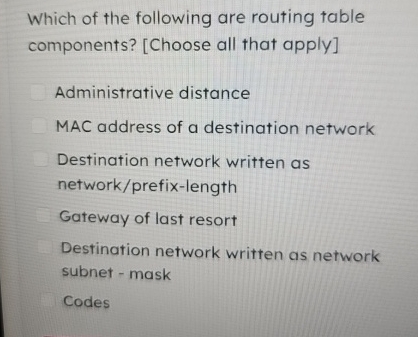 Solved Which of the following are routing table components? | Chegg.com