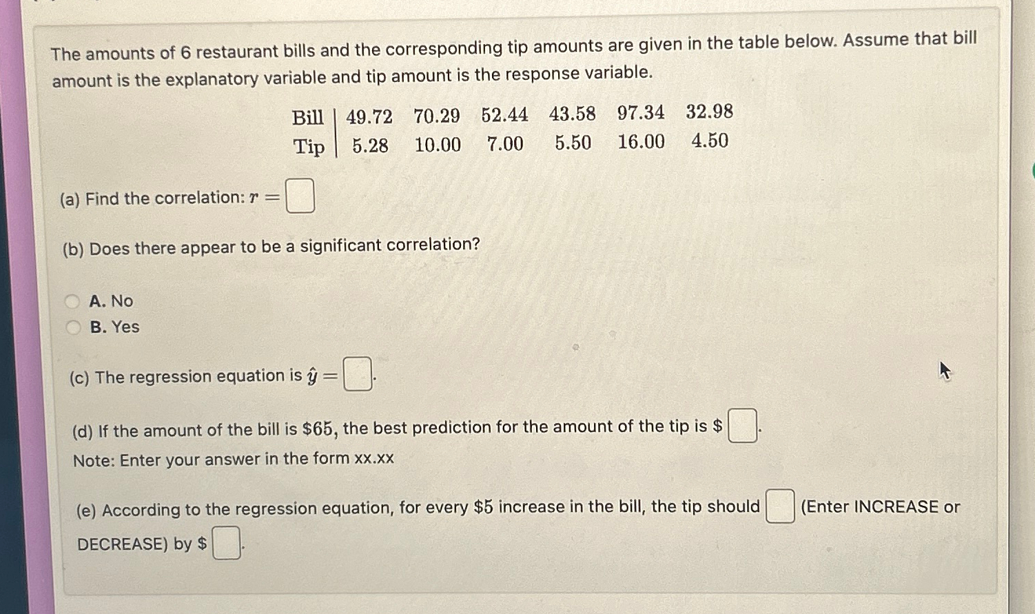 Solved The amounts of 6 ﻿restaurant bills and the | Chegg.com
