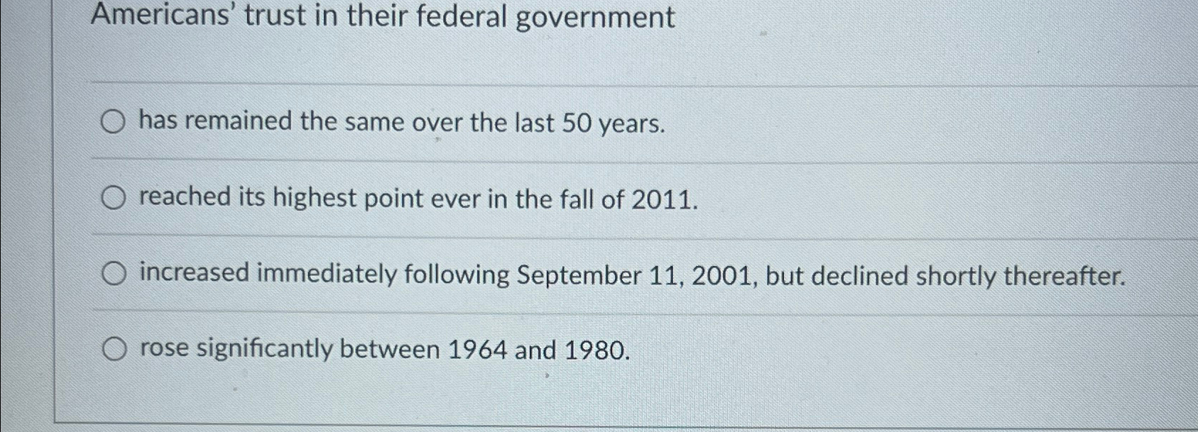Solved Americans' trust in their federal governmenthas | Chegg.com