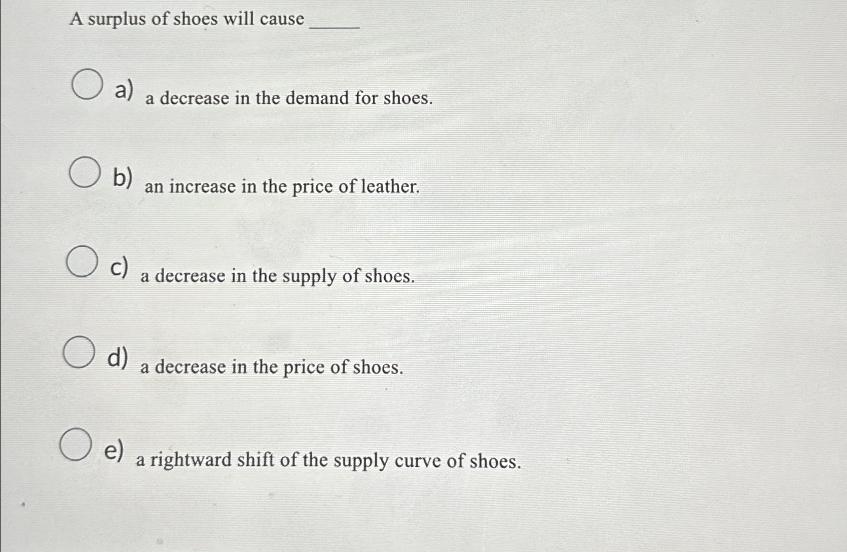 Solved A surplus of shoes will causea) ﻿a decrease in the | Chegg.com