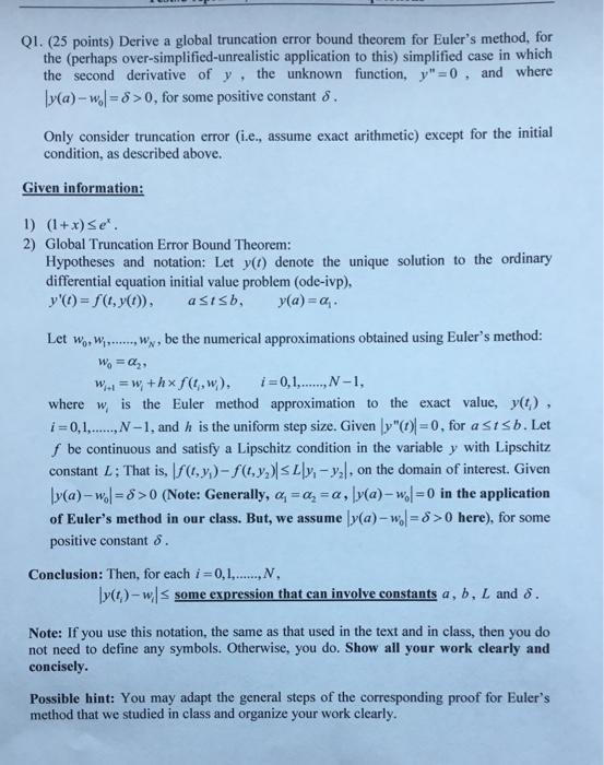 Q1. (25 points) Derive a global truncation error | Chegg.com