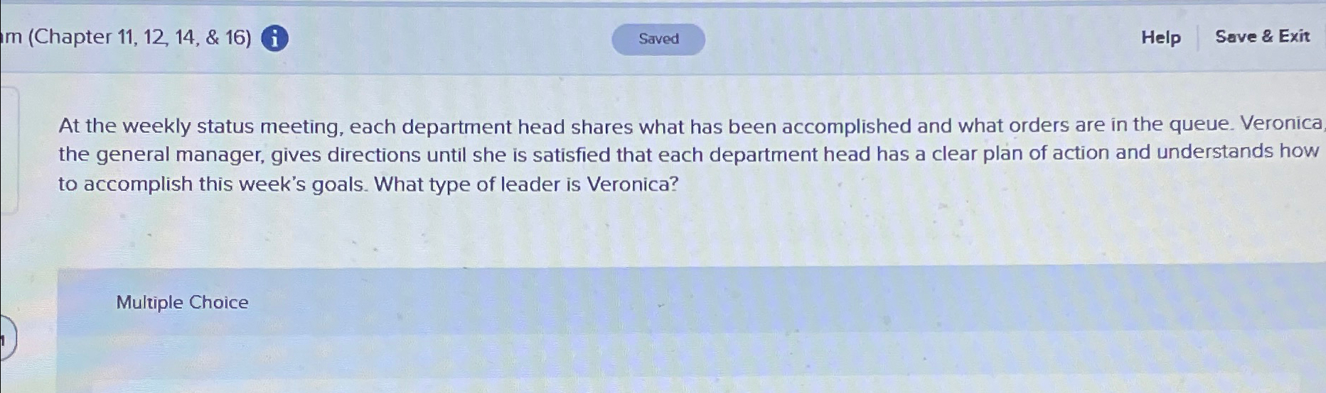 Solved Im (Chapter 11, 12, 14, ﻿& 16) ﻿iHelpSave & ExitAt | Chegg.com