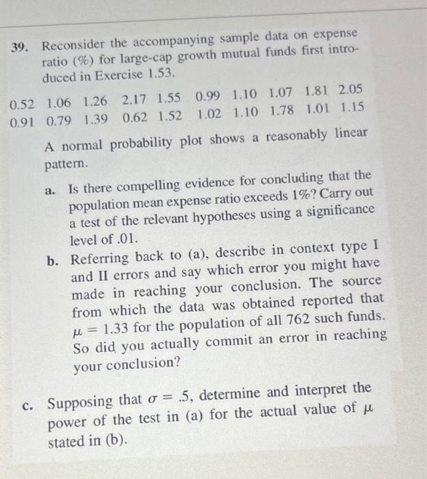 Solved 39. Reconsider the accompanying sample data on | Chegg.com
