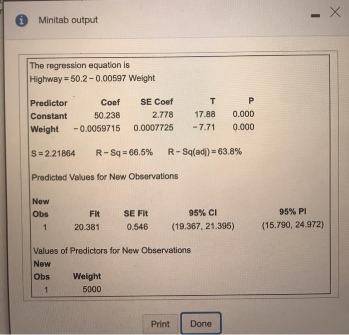Solved The Minitab output shown below was obtained by using | Chegg.com