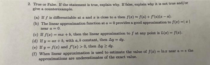 Solved 2. True or False. If the statement is true, explain | Chegg.com
