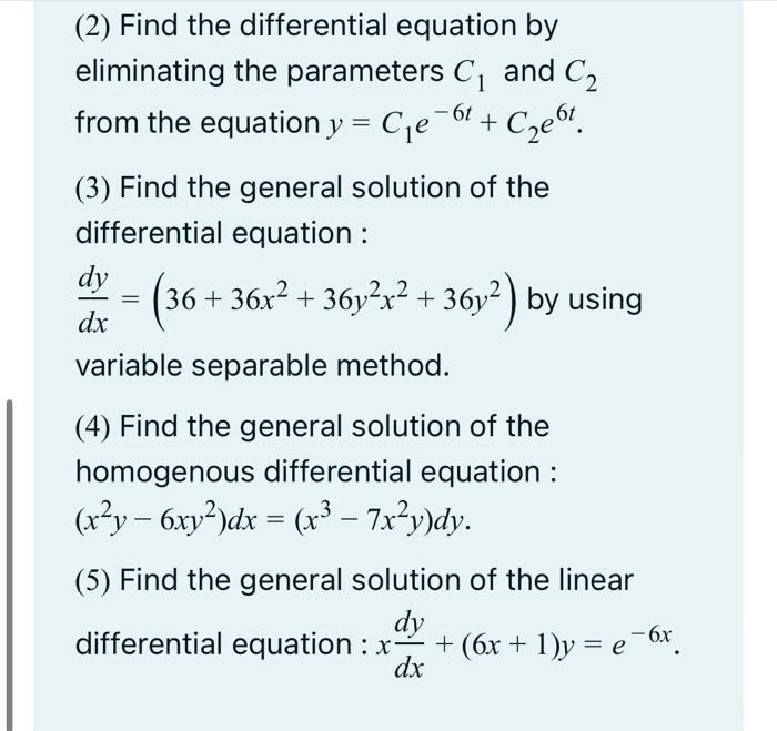 Solved (2) Find the differential equation by eliminating the | Chegg.com