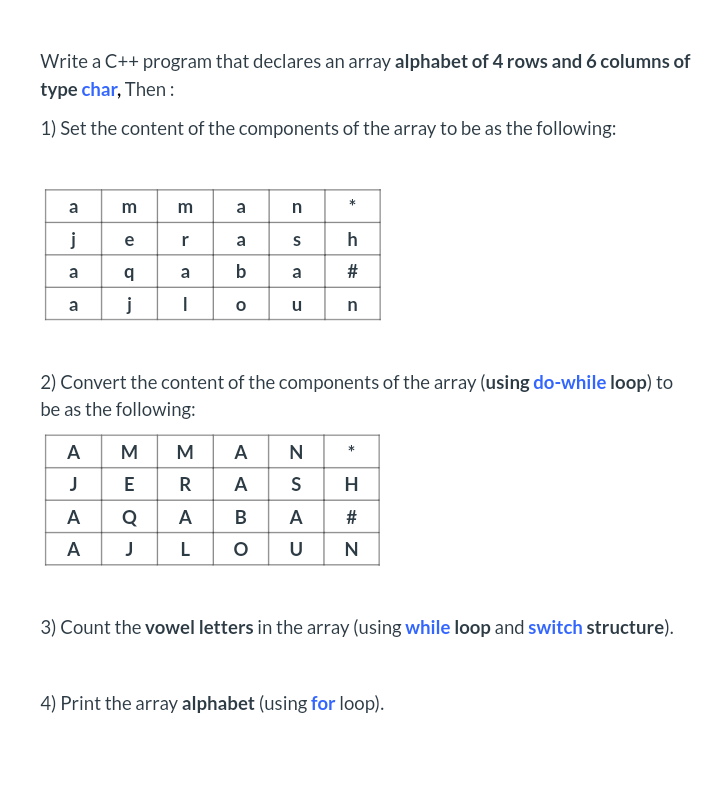 Solved Write a C++ program that declares an array alphabet | Chegg.com