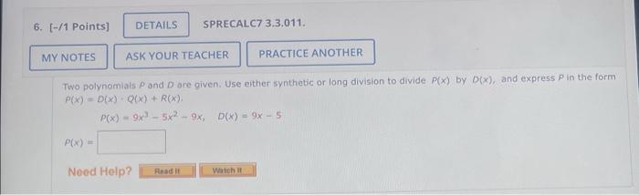 Solved SPRECALC7 3.3.011. 6. [-/1 Points] DETAILS MY NOTES | Chegg.com