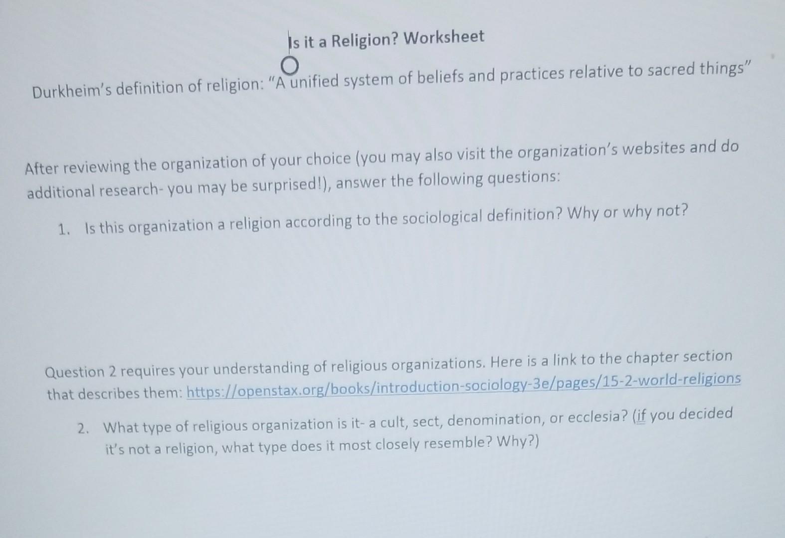 is it a religion? worksheet is church of body | Chegg.com