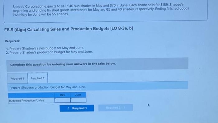 Solved Shadee Corporation expects to sell 540 sun shades in | Chegg.com