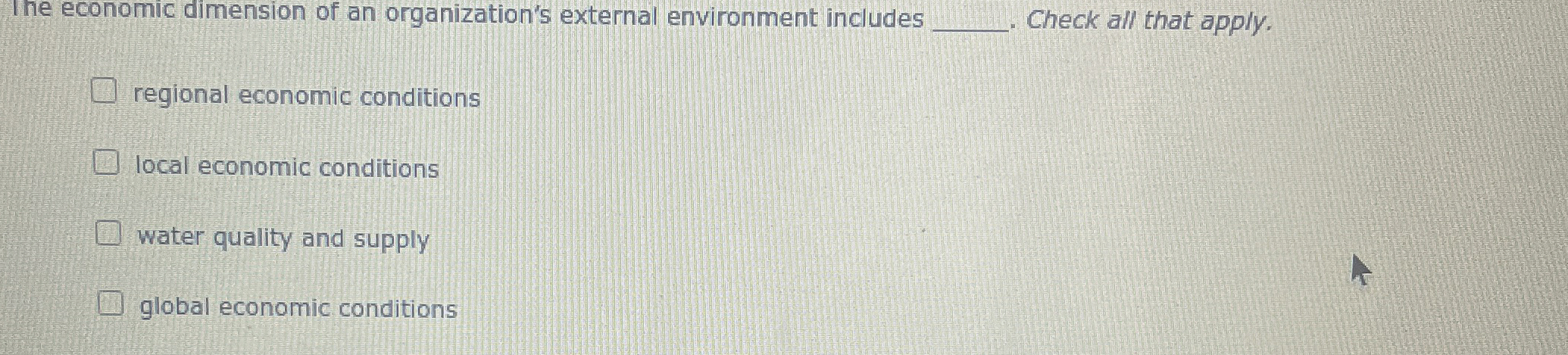 Solved Ine economic dimension of an organization's external | Chegg.com