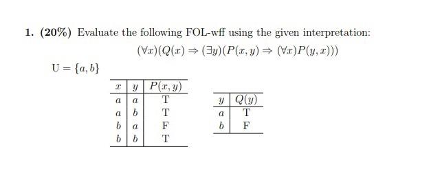 Solved 1. (20%) Evaluate the following FOL-wff using the | Chegg.com