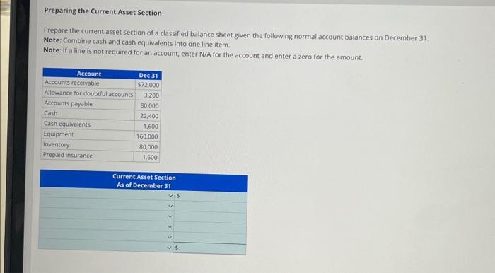 Solved Preparing the Current Asset Section Prepare the | Chegg.com