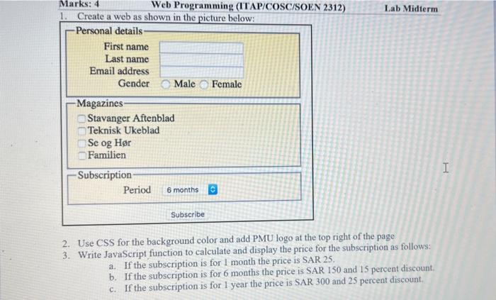 Solved Lab Midterm Marks: 4 Web Programming (ITAP/COSC/SOEN | Chegg.com