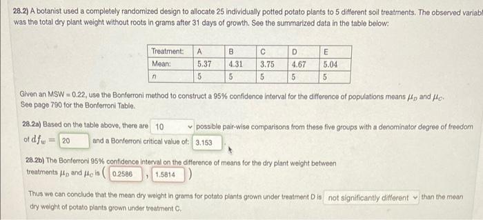 Solved 28.2) A botanist used a completely randomized design | Chegg.com