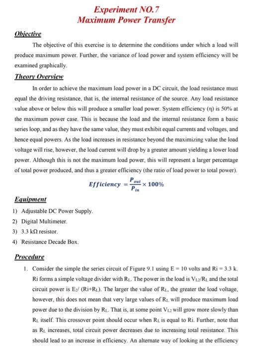 Solved Experiment NO.7 Maximum Power Transfer Objective The | Chegg.com