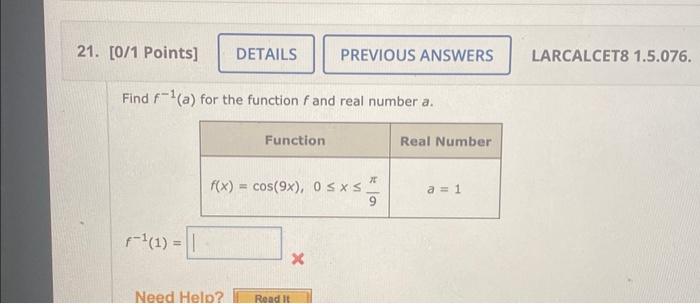 Solved Find f−1(a) for the function f and real number a. | Chegg.com