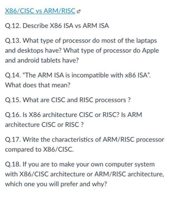 X86/CISC VS ARM/RISCE Q.12. Describe X86 ISA vs ARM | Chegg.com