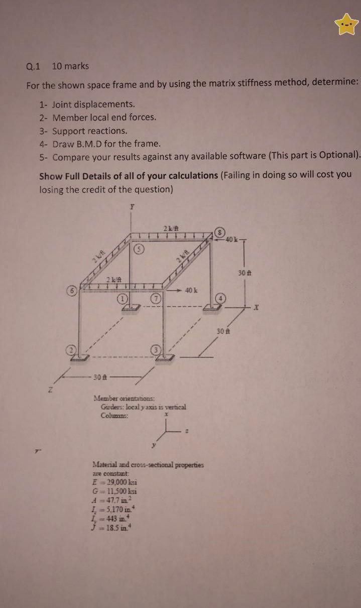 Q.1 10 marks For the shown space frame and by using | Chegg.com