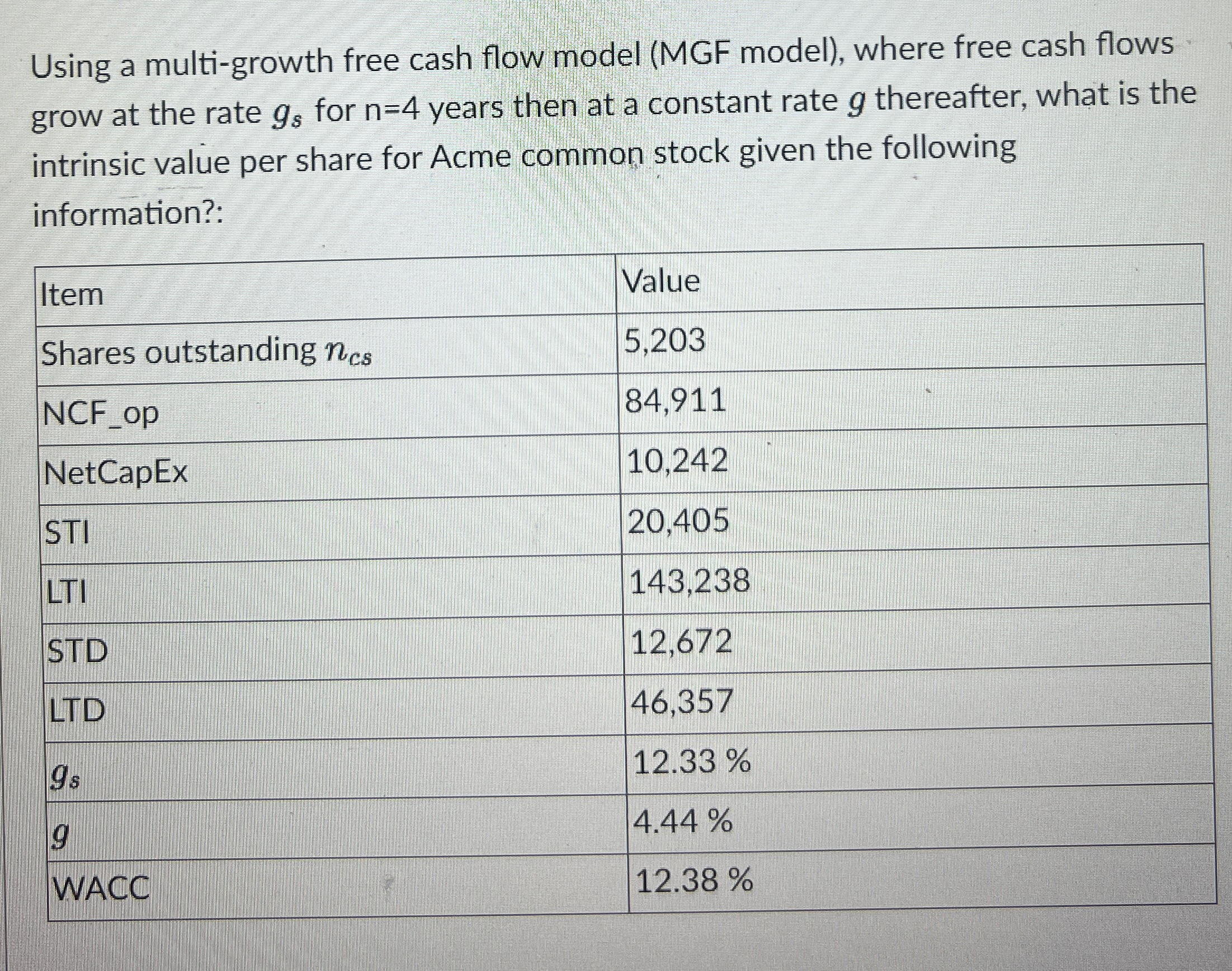Solved Using a multi-growth free cash flow model (MGF | Chegg.com
