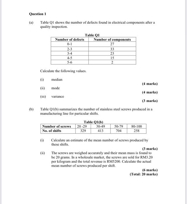 Solved Question 1 Table Q1 shows the number of defects found | Chegg.com