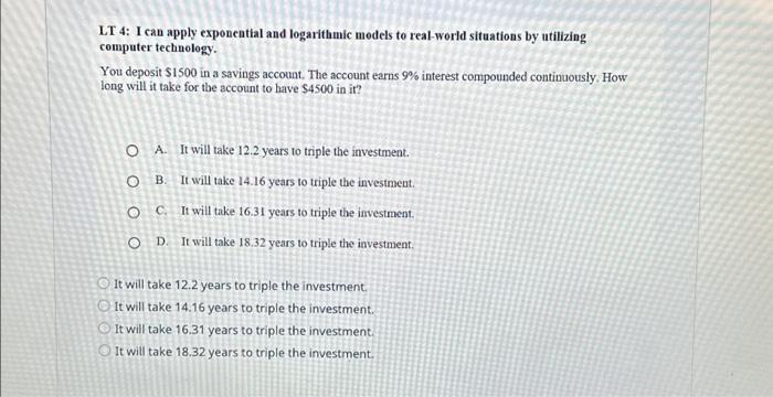 Solved LT 4: I can apply exponential and logarithmic models | Chegg.com