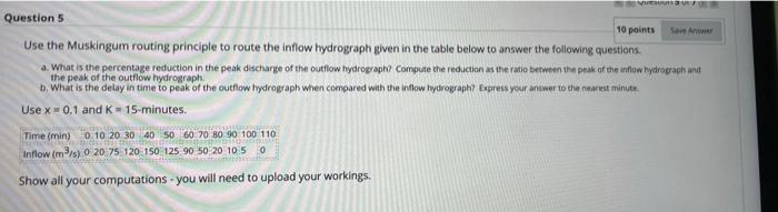 Solved Question 5 10 points Use the Muskingum routing | Chegg.com