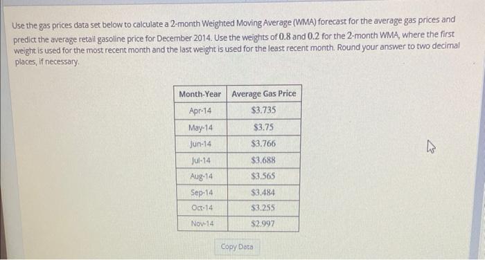 Solved Use the gas prices data set below to calculate a | Chegg.com