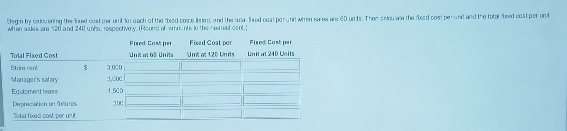 Solved For each total fixed cost listed below, determine the | Chegg.com