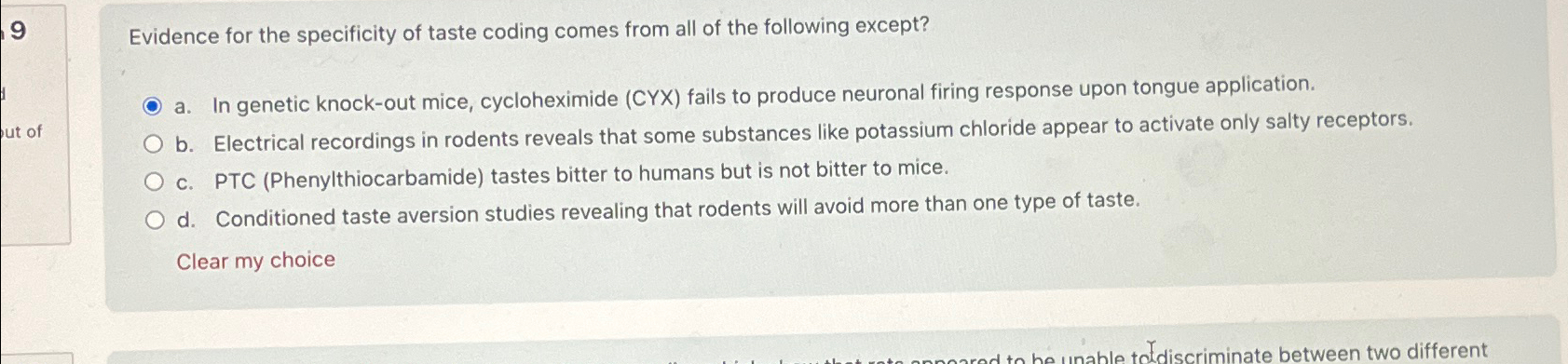 Solved 9Evidence for the specificity of taste coding comes | Chegg.com