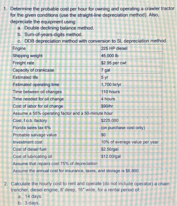 Solved 1. Determine the probable cost per hour for owning | Chegg.com