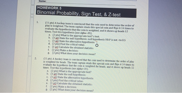 Solved Name: O HOMEWORK 5 Binomial Probability, Sign Test, & | Chegg.com