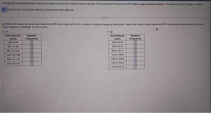 Solved The data set represents the exit velocity (in miles | Chegg.com