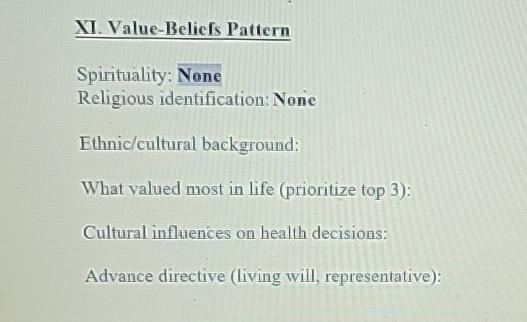Solved XI. ﻿Value-Beliefs Pattern ?()Spirituality: | Chegg.com