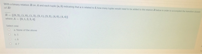 Solved With a binary relation Ron A and each tuple (a,b) | Chegg.com