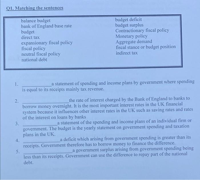 Solved 01. Matching the sentences balance budget bank of | Chegg.com