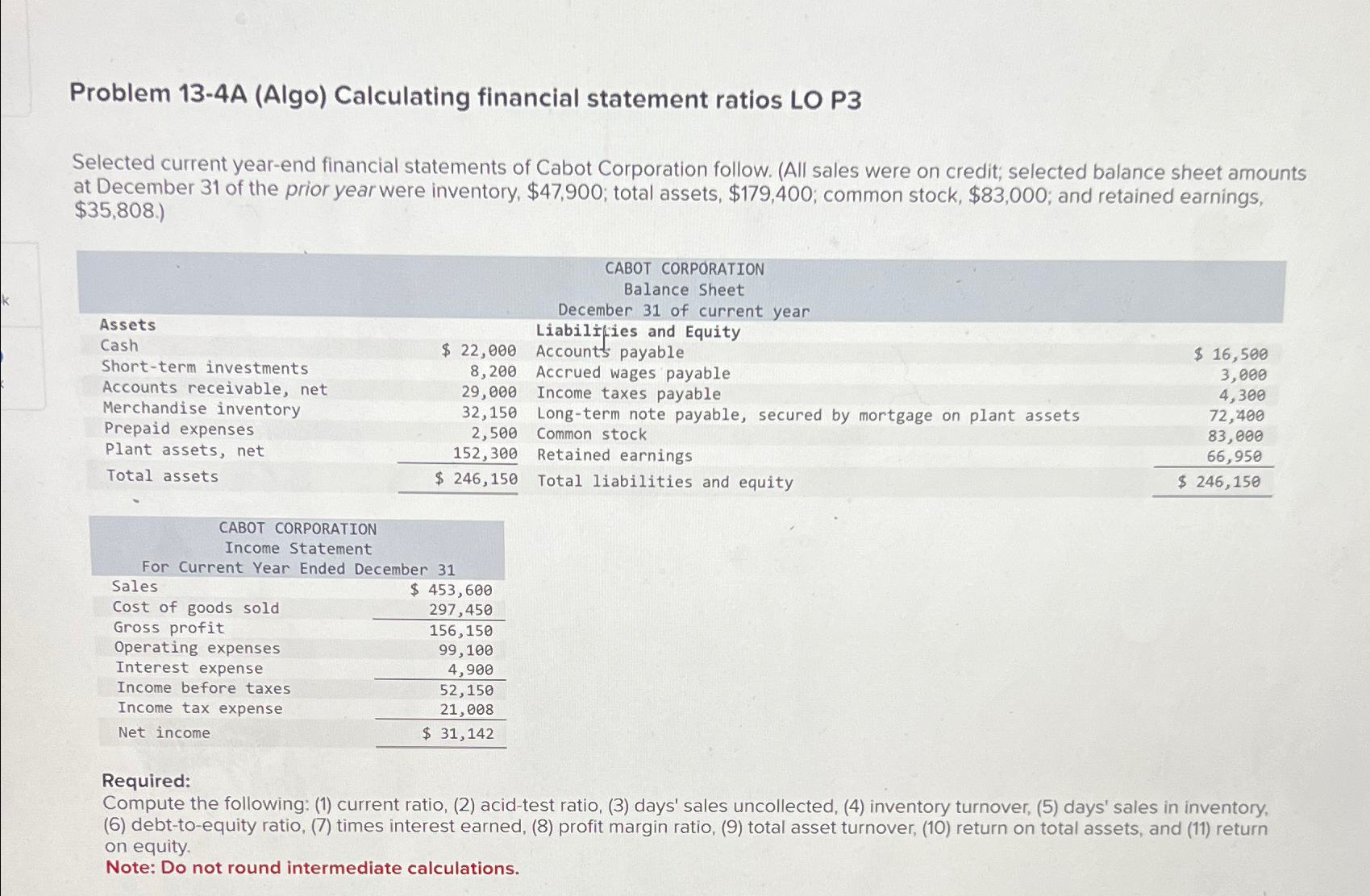 Solved Problem 13-4A (Algo) ﻿Calculating financial statement | Chegg.com