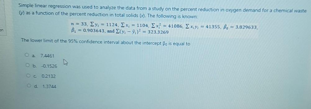 Solved Simple linear regression was used to analyze the data | Chegg.com