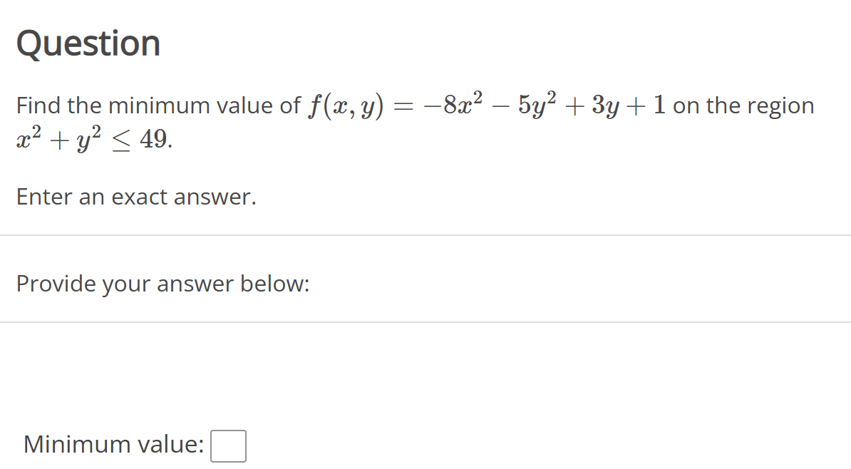Solved QuestionFind the minimum value | Chegg.com