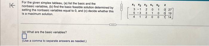 Solved For the given simplex tableau, (a) list the basic and | Chegg.com