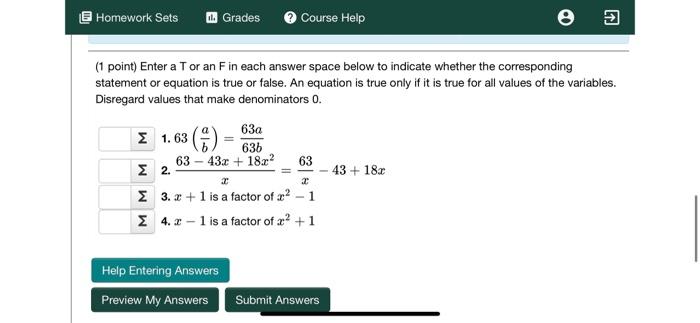 Solved (1 point) Enter a T or an F in each answer space | Chegg.com