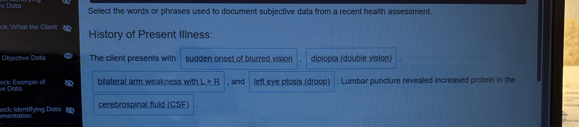 Solved Select the words or phrases used to document | Chegg.com