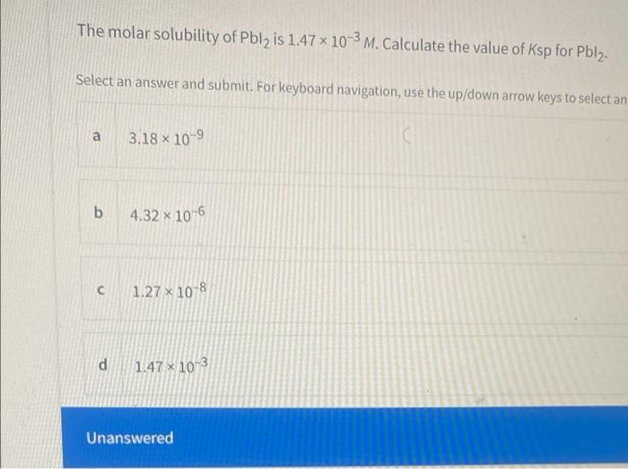Solved The molar solubility of Pblz is 1.47x10-2 M. | Chegg.com