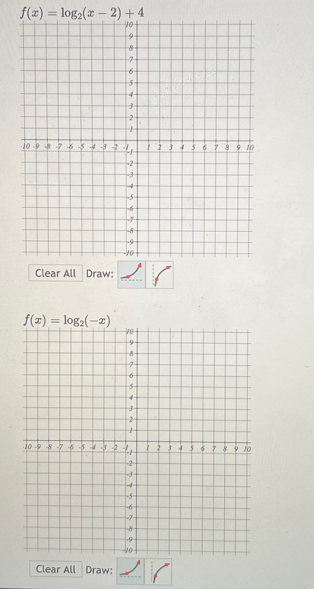 Solved f(x)=log2(x-2)+4Clear AllDraw:f(x)=log2(-x)Clear | Chegg.com