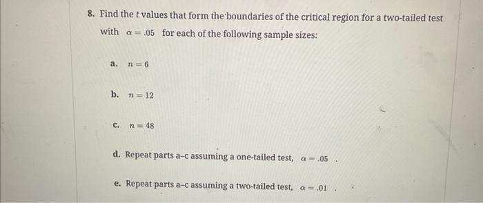Solved 8. Find the t values that form the boundaries of the | Chegg.com